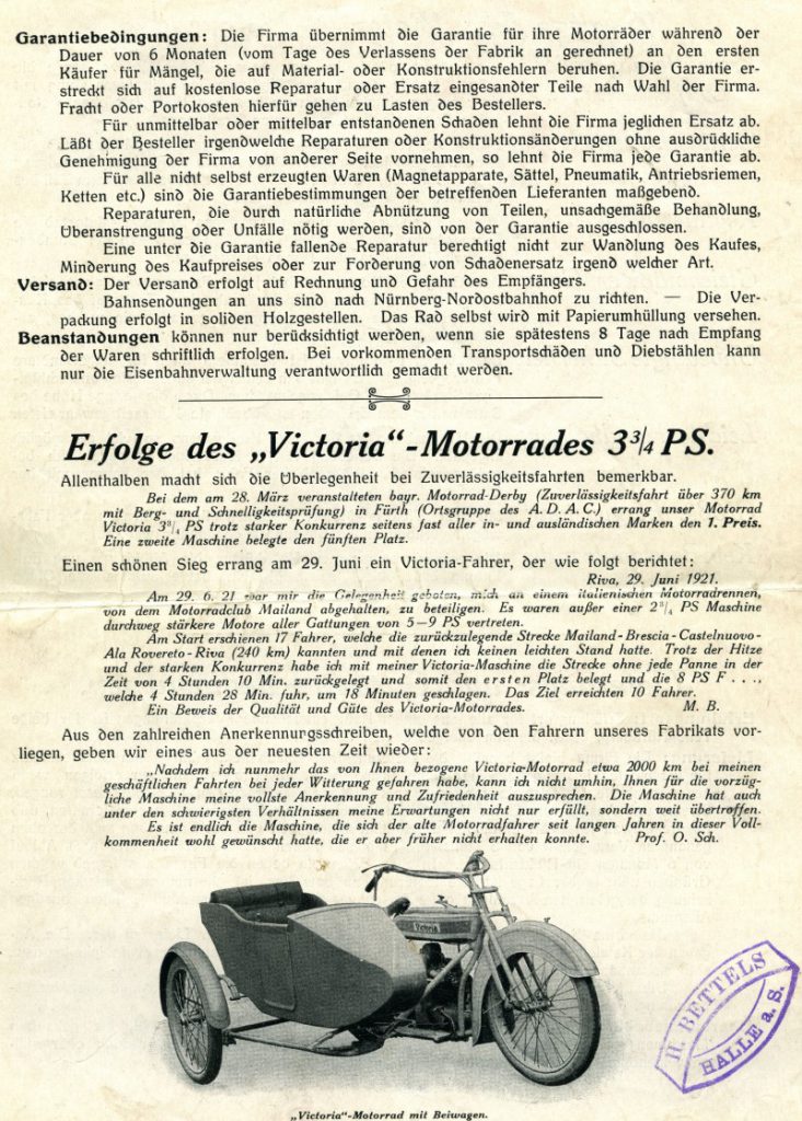 Motorrad – Victoria – mit den „ANFA“ – Seitenwagen und den „EFKA ...